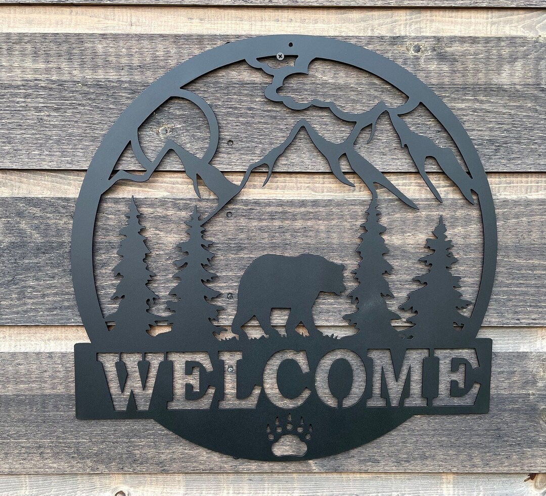 Metal- Powder Coated - Bear Welcome Sign Mountain Scene, Trees, Paw ...