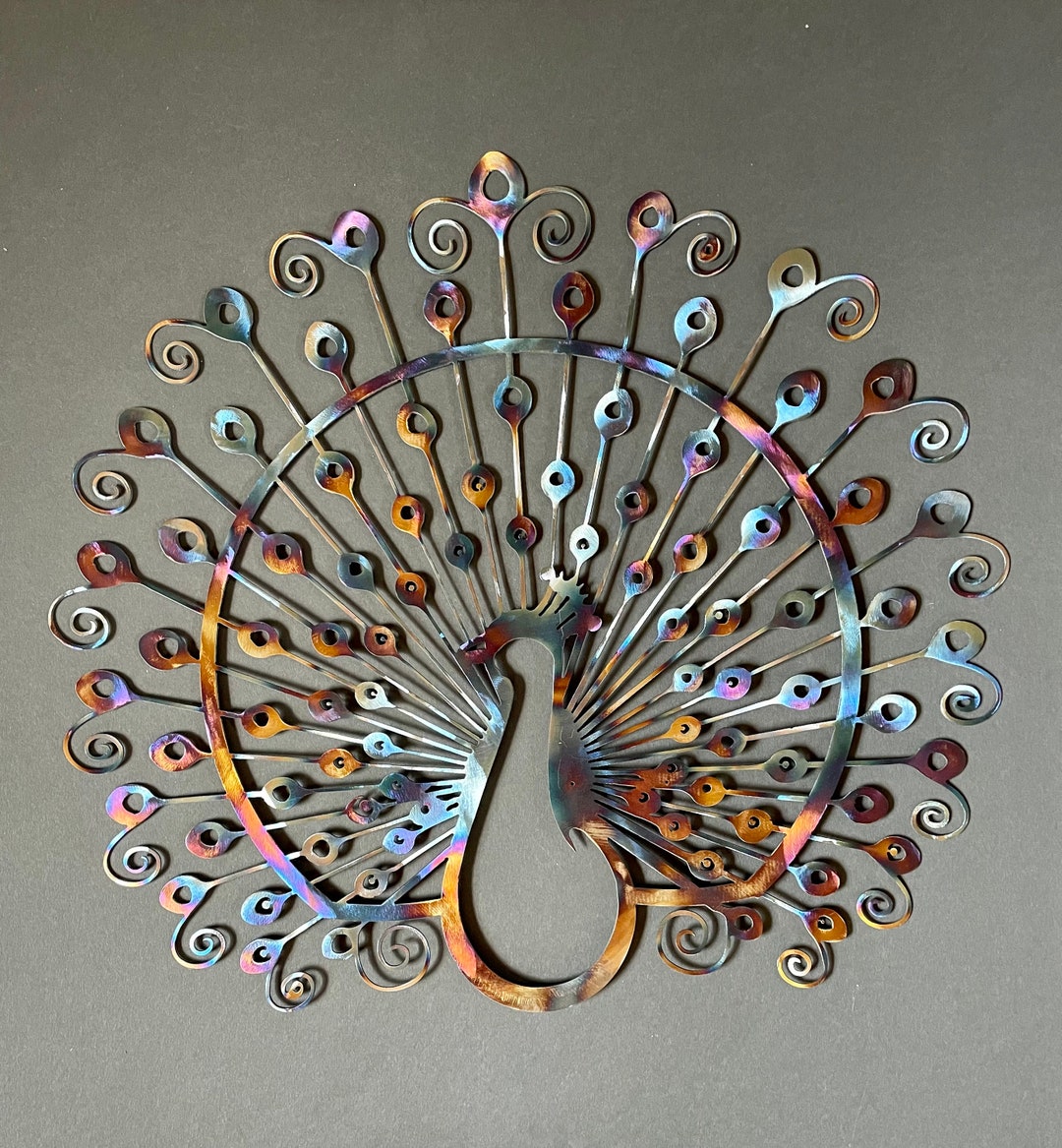 Metal Peacock Wall Decor: Burnt Finish, Rainbow Colors (36x32) - Etsy