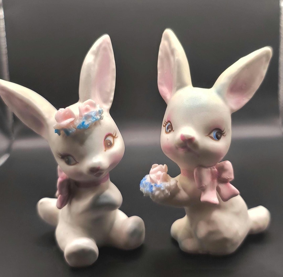 2 Lefton Porcelain Bunny Rabbits With Flowers Beautiful Boy and Girl ...