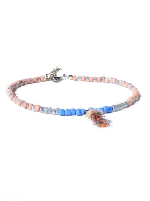 Anklet in pink grey and blue with tassel. Handcrafted ankle | Etsy