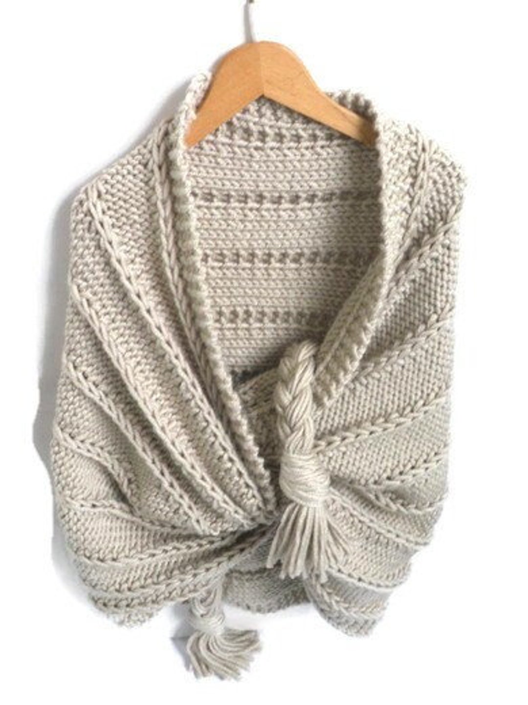 Hand Knitted Beige Rectangle Shawl. Chunky Shawl, Trendy Sand Colored ...