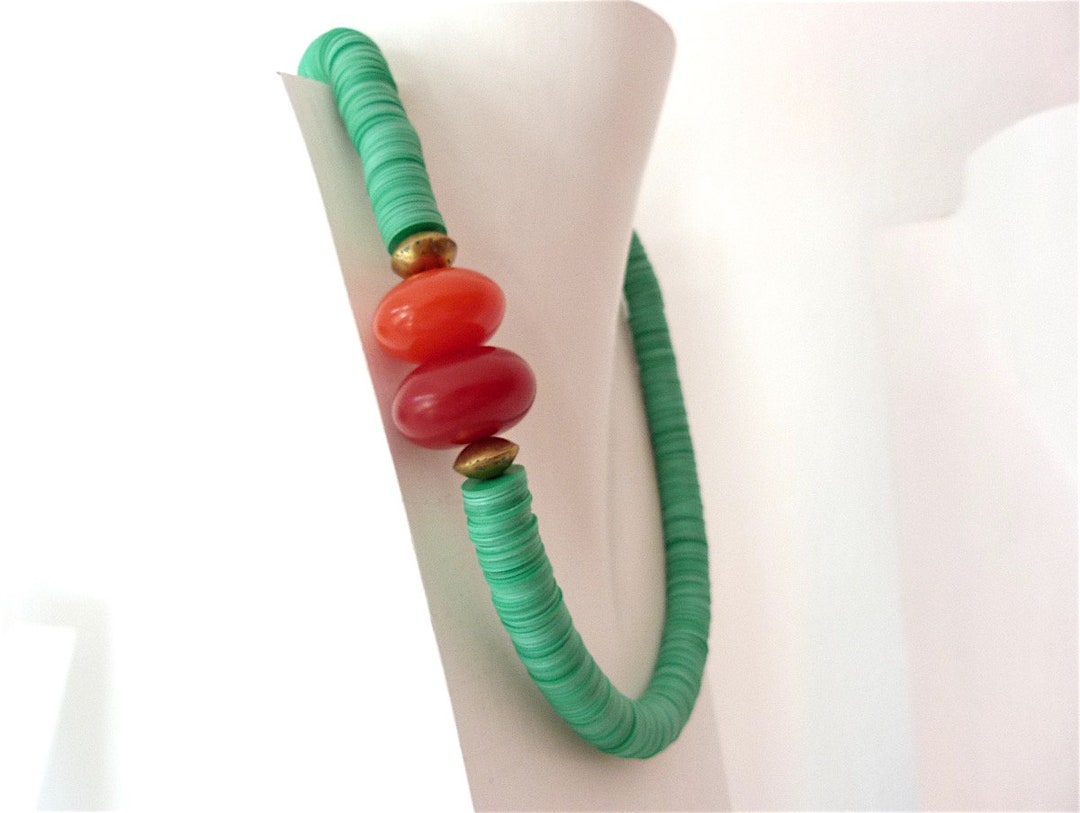 Green Necklace Made of Bakelite Plates With Two Large Resin Beads and ...