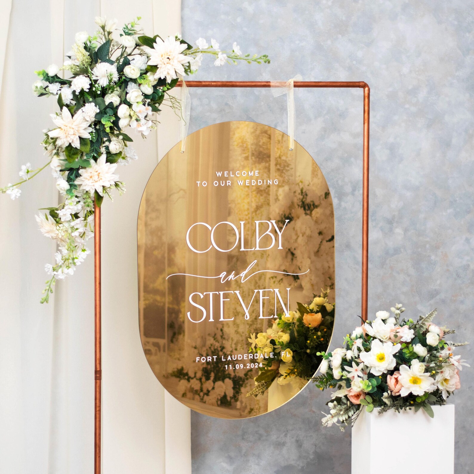Oval Gold Mirror Wedding Welcome Sign - Welcome to the Wedding Sign ...