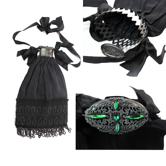 Victorian Reticule Black Accordion Filigree Opening B… - Gem