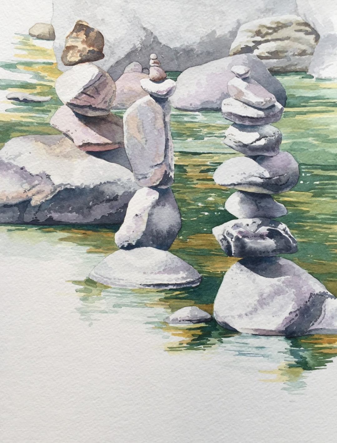 Stone Cairns Original Watercolor Painting - Rock, Stream, River, Nature ...