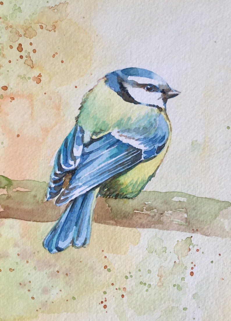 Original Watercolor Blue Songbird Painting | Etsy