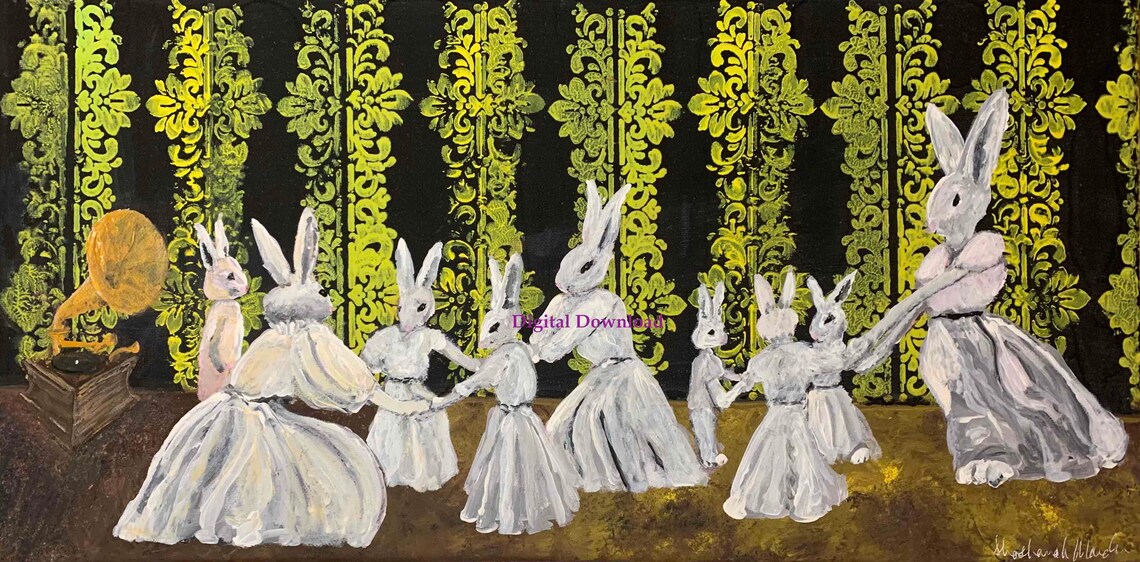 Digital Print Download White Rabbits Dancing to the Music of a - Etsy