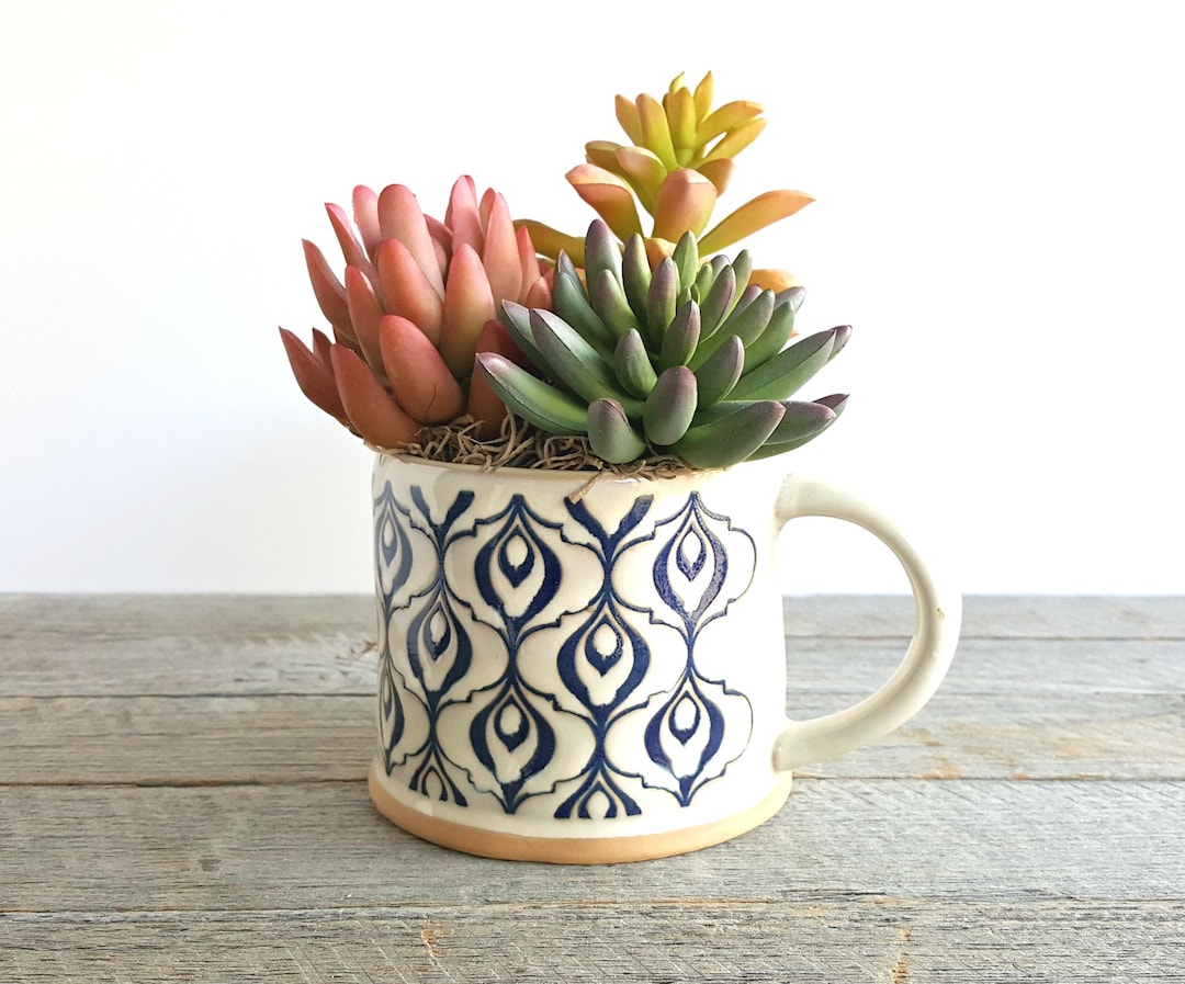 Rustic Mug Planter | Blue + White Desktop Planter | Three Colorful Faux ...