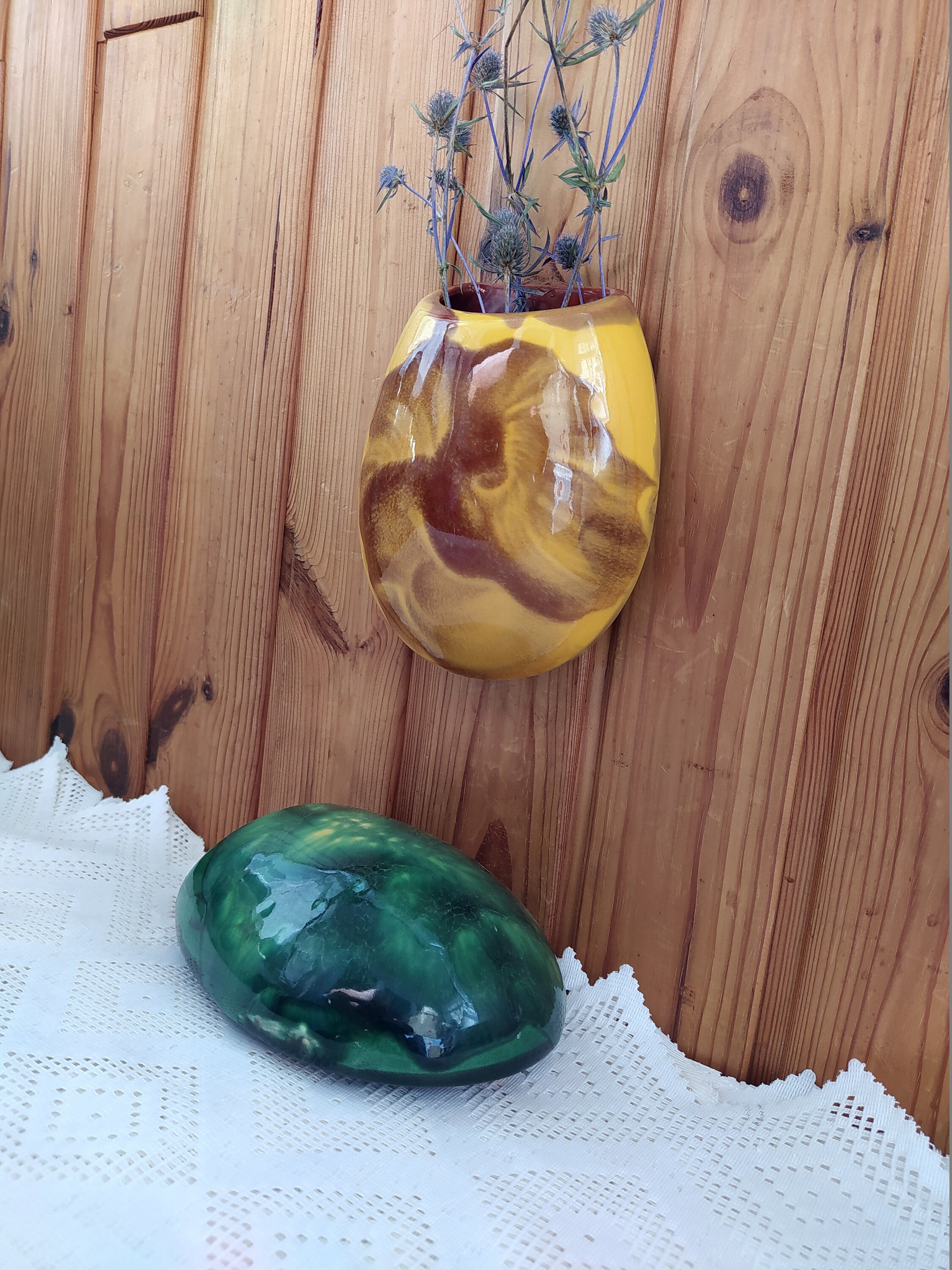 Vintage Ceramic Hanging Vases Green and Yellow set. Wall | Etsy