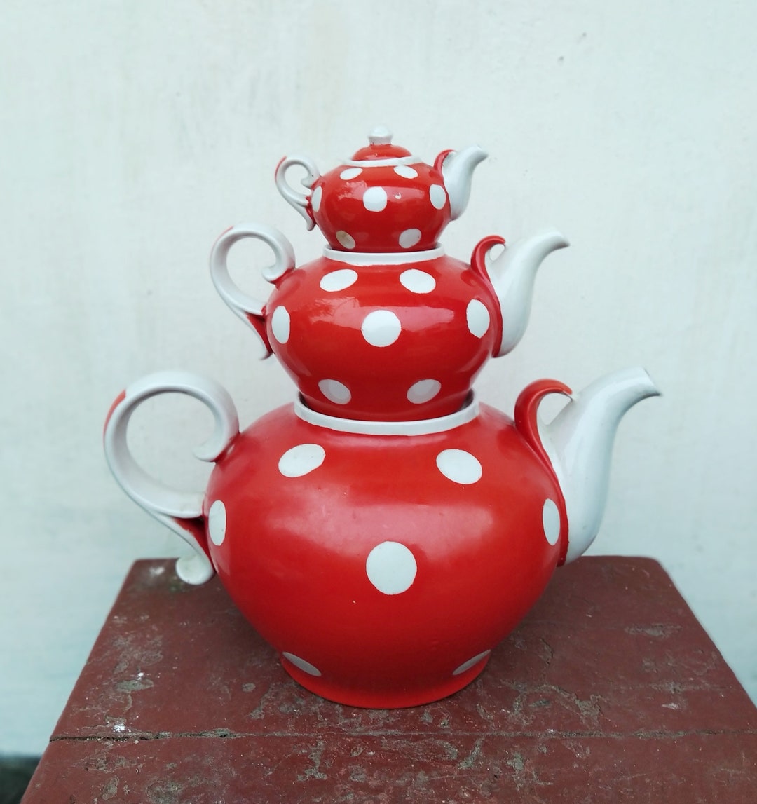 Vintage Red and White Polka Dot Porcelain Teapots, Home Decor. Soviet ...