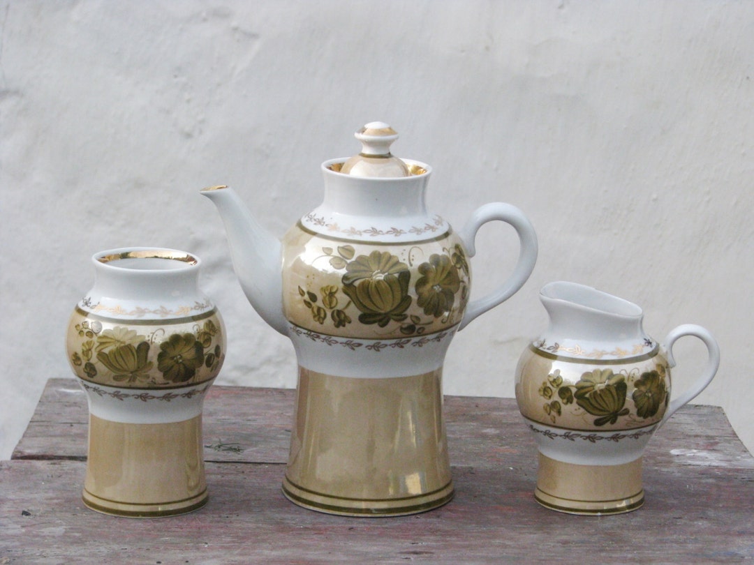 Vintage Soviet Set of 3 Porcelain Coffee Pot, Vase and Cream Pitcher ...