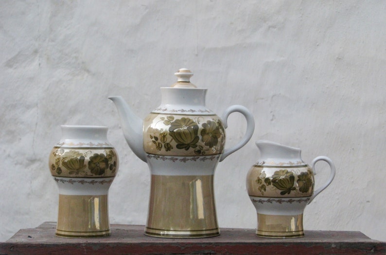 Vintage Soviet Set of 3 Porcelain Coffee Pot, Vase and Cream Pitcher ...