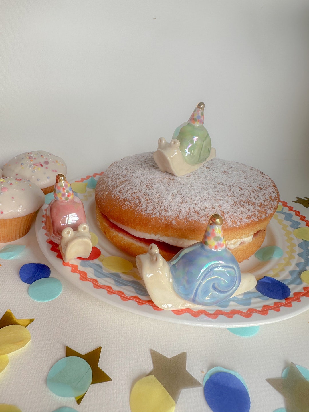 Handmade Porcelain Party Snail Cake Topper, Gold Hat, Mother of Pearl ...