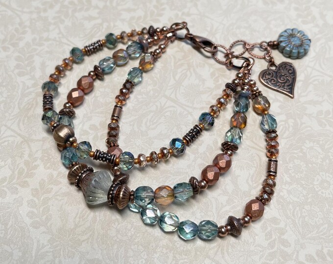 Vintage Style Three Strand Bracelet in Shades of Blue and Copper ...