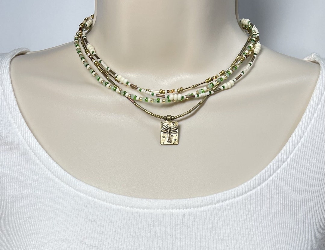 Boho Multi Strand Seed Bead Necklace With Bronze Dragonfly Charm, Four ...