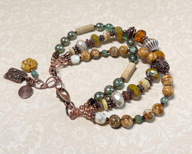 Rustic Gemstone Beaded Bracelet: Czech Glass, Jasper, Copper Accents - Etsy