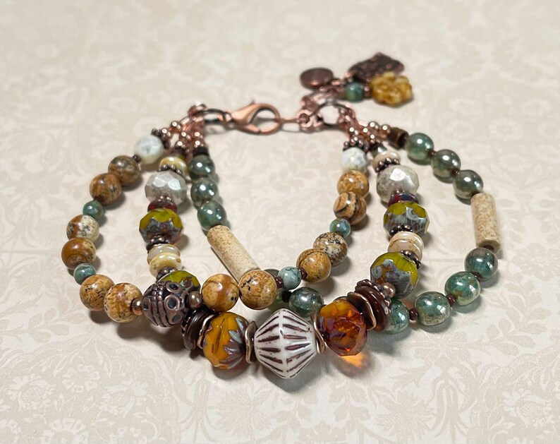 Rustic Gemstone Beaded Bracelet: Czech Glass, Jasper, Copper Accents - Etsy