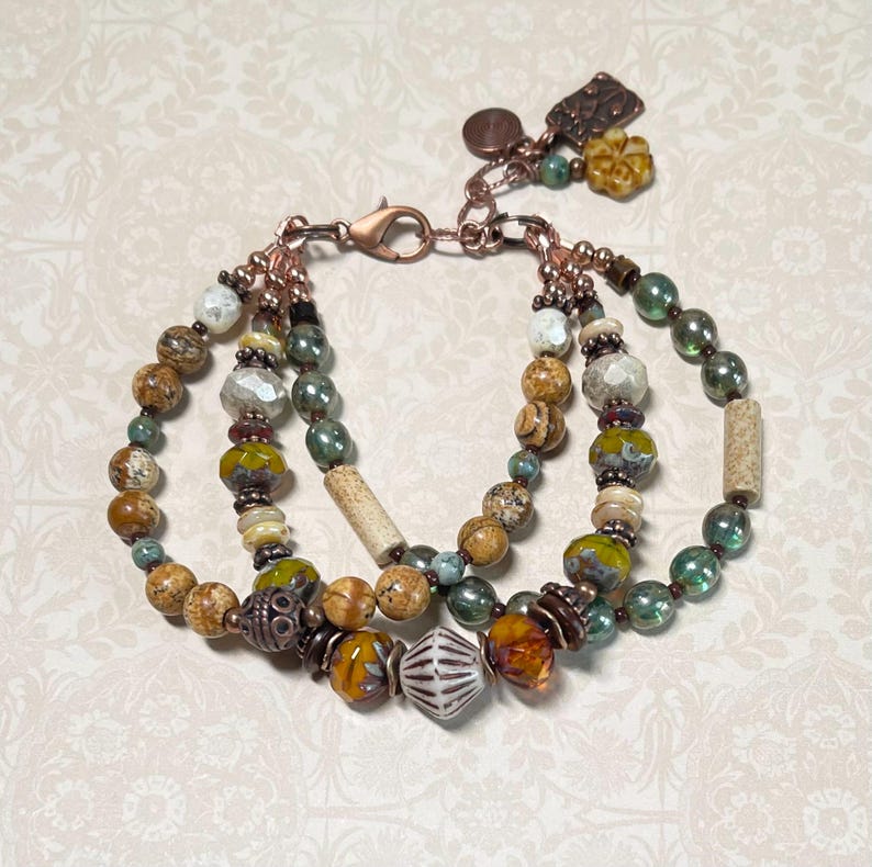 Rustic Gemstone Beaded Bracelet: Czech Glass, Jasper, Copper Accents - Etsy