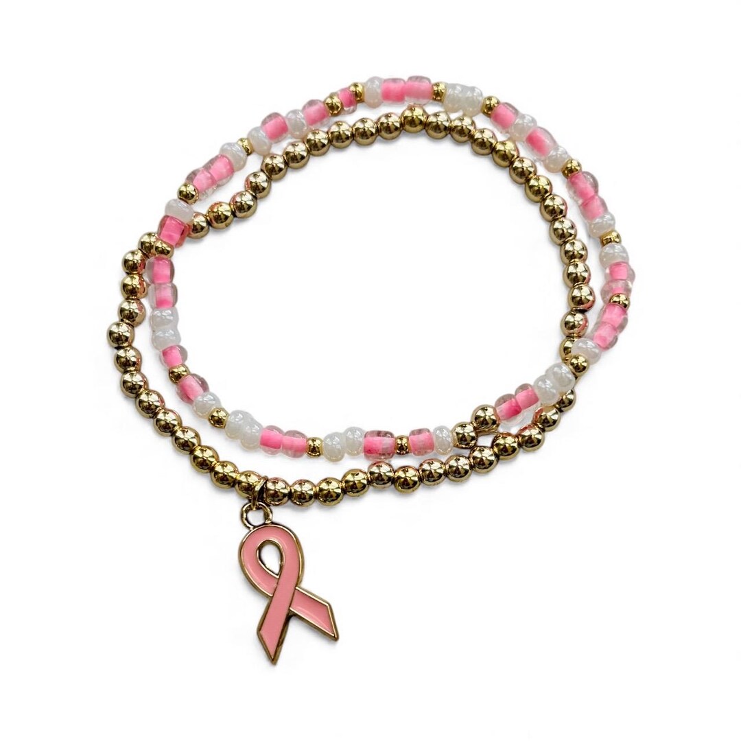 Breast Cancer Awareness Bracelet | Pink Ribbon, Gold Beads - Etsy