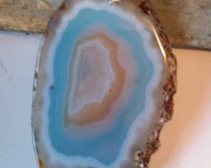 Aqua Blue and Tan Crystal Slice Freeform Gemstone Pendant With Crust ...