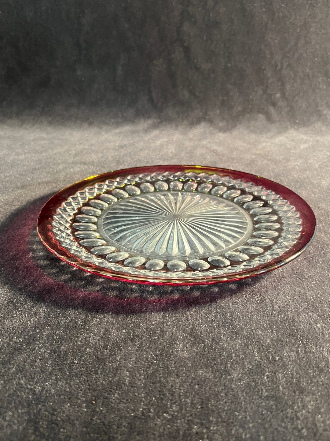 Vintage Cut Glass Serving Plate, Iridescent Ruby Red Accent, Mint ...
