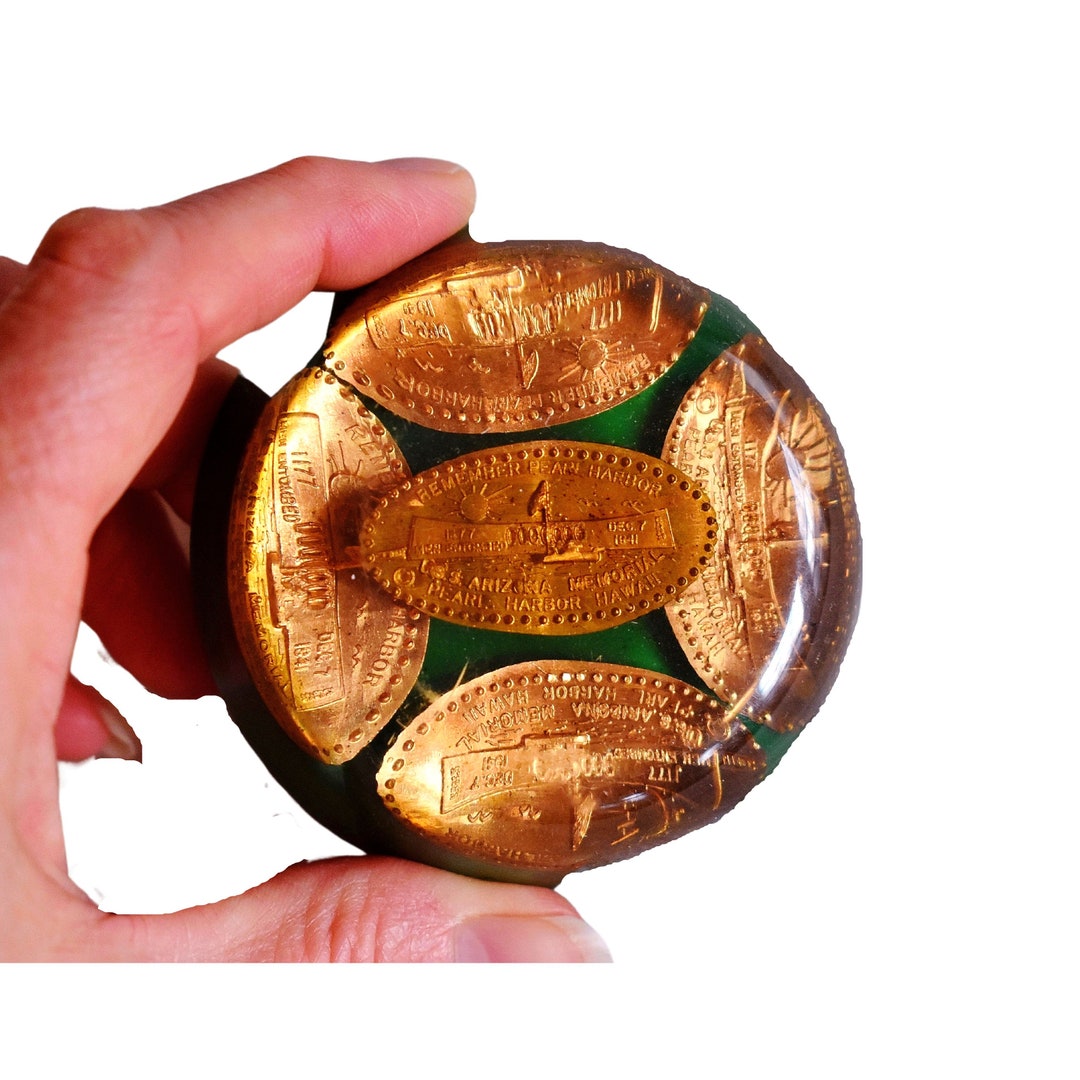 Hawaii Copper Pennies in Lucite Paperweight, Pearl Harbor Souvenir, USS ...