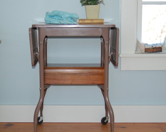 Vintage Metal Typewriter Table Drop Leaf Locking Wheels, Tan Brown ...