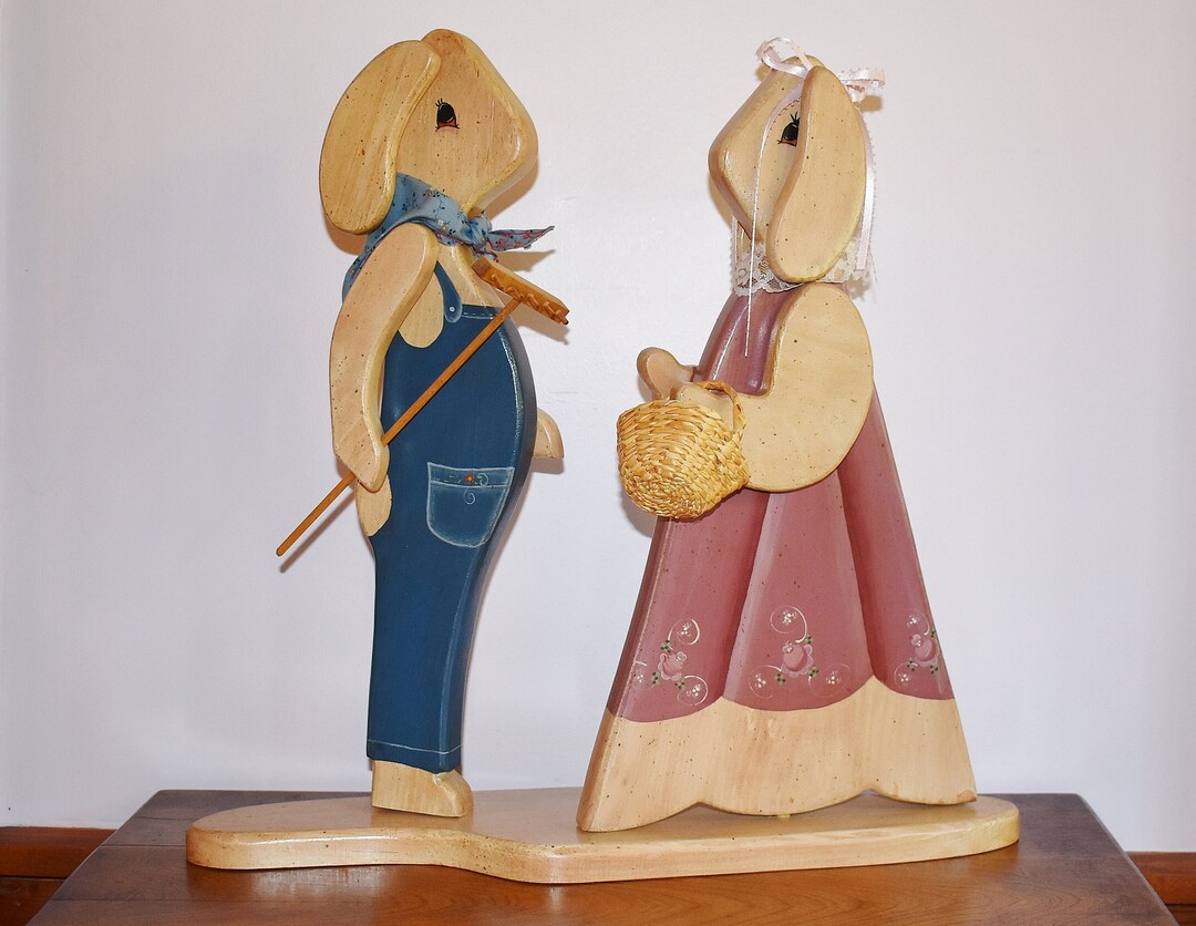 Folk Art Painted Wood Rabbits, Hand Crafted Freestanding Spring Summer ...