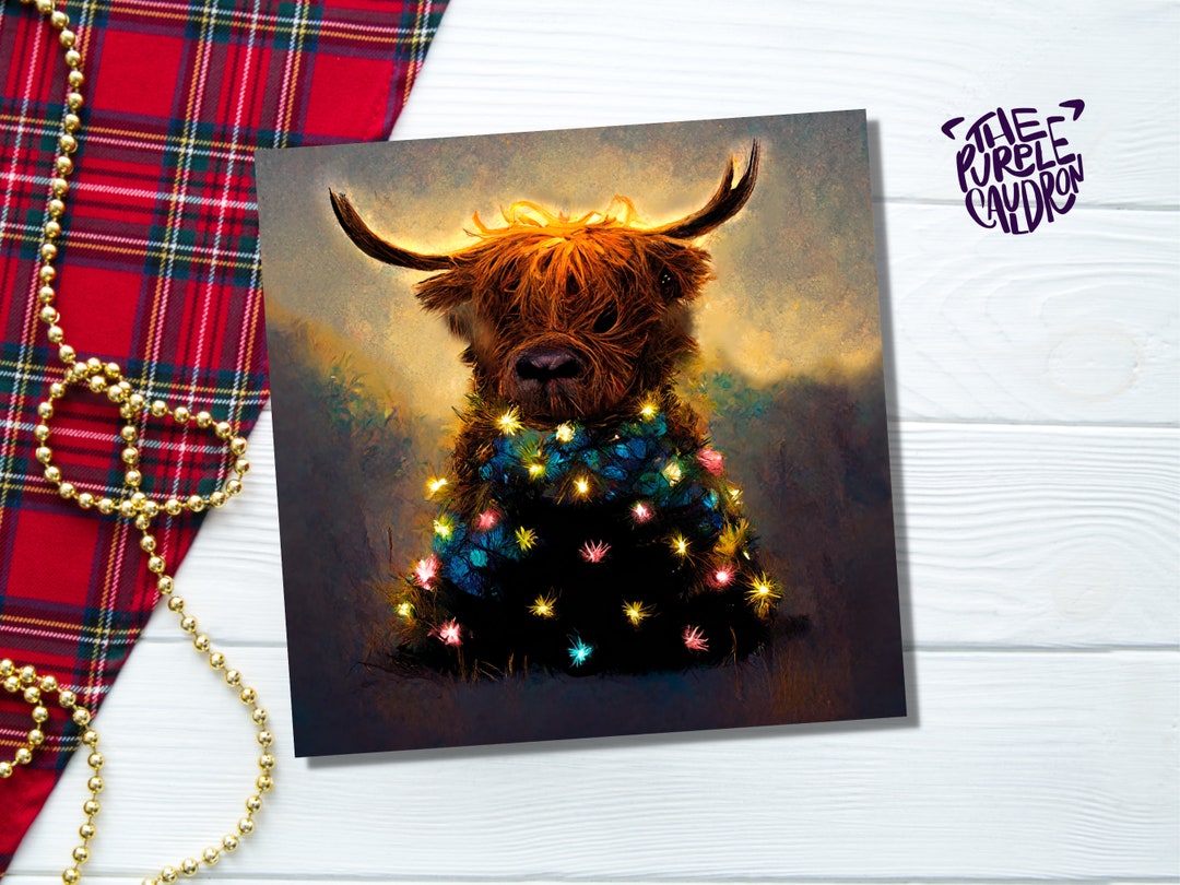 Highland Cow Christmas Card With Fairy Lights Funny Decorated Tree ...