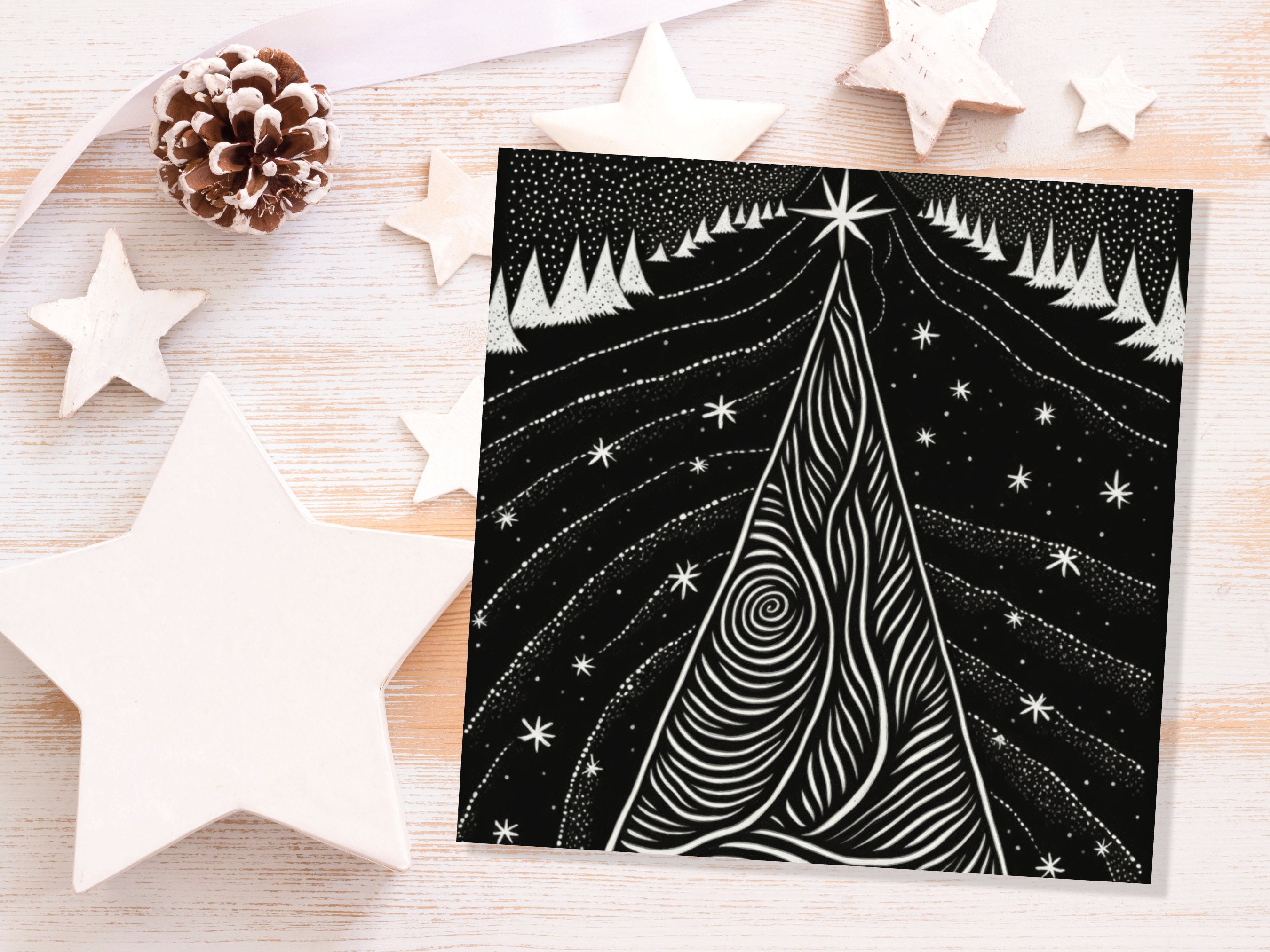 Black Christmas Tree Card Linocut Monochrome Magical Stars Starry ...