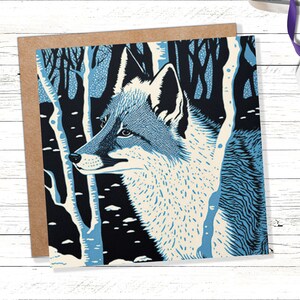 Fox Cards Winter Linocut Snowy Woodland Illustration Blue White Black ...
