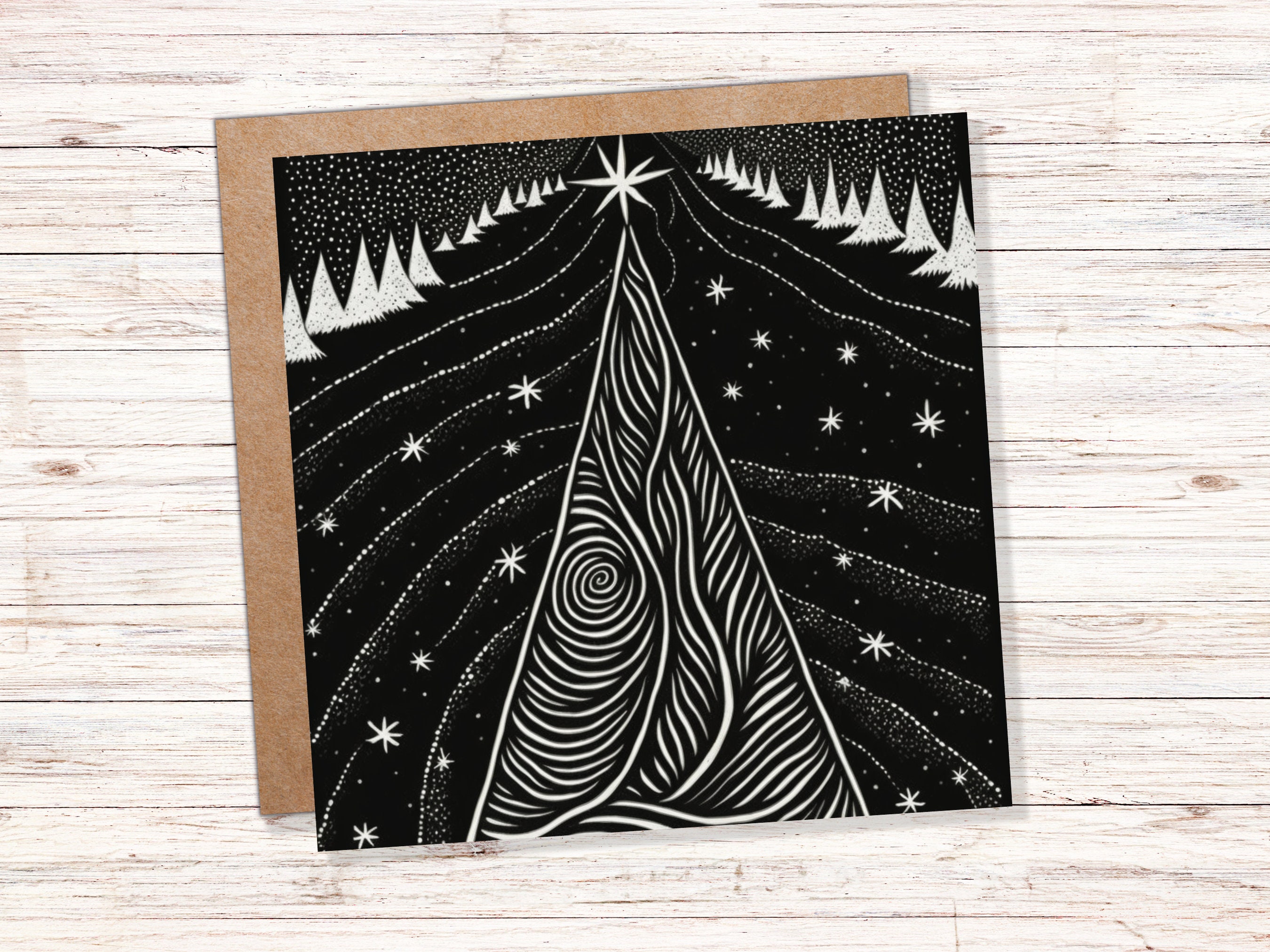 Black Christmas Tree Card Linocut Monochrome Magical Stars Starry ...