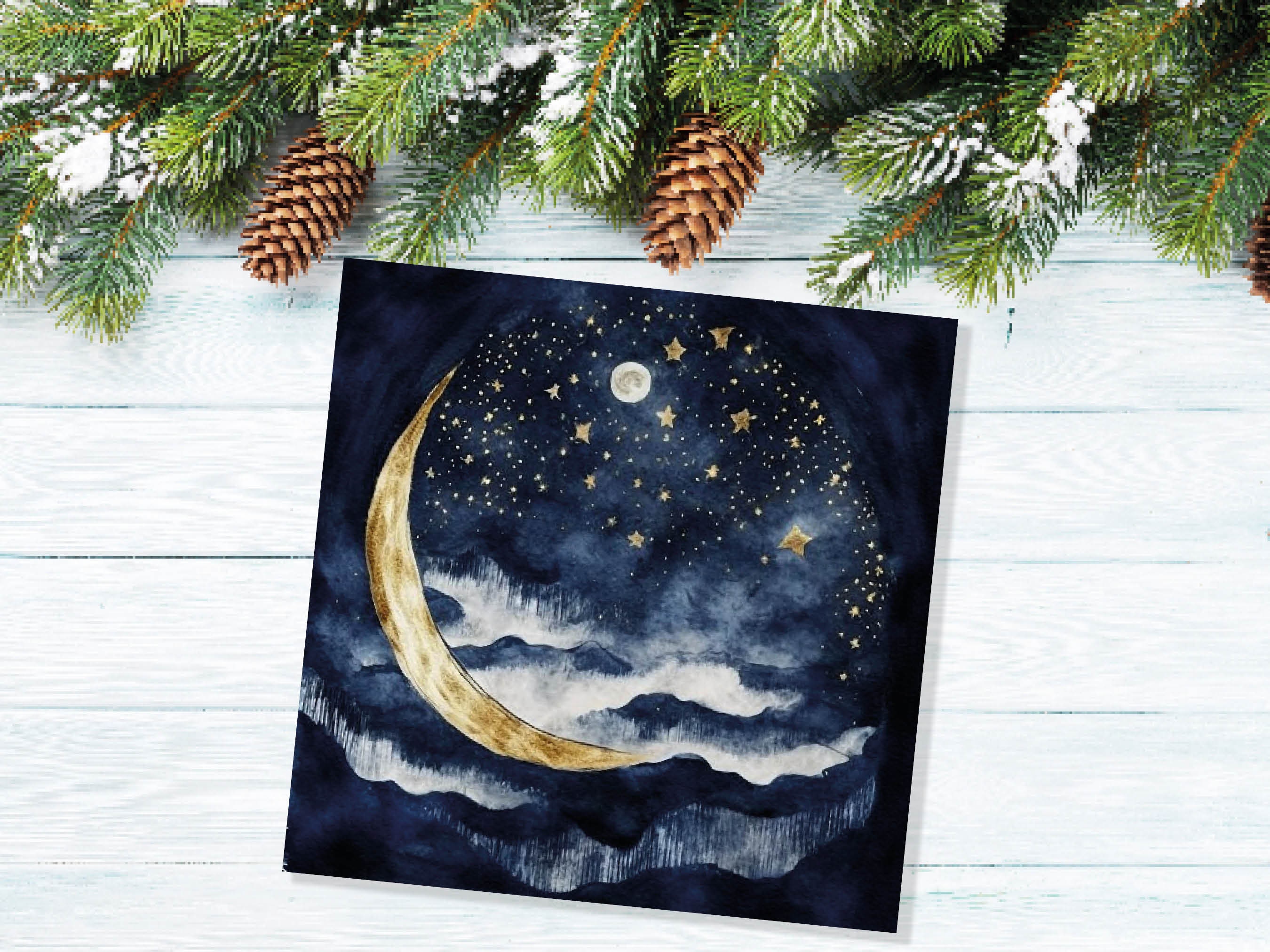 Crescent Moon Greeting Card Prussian Blue and Gold Watercolour Night ...