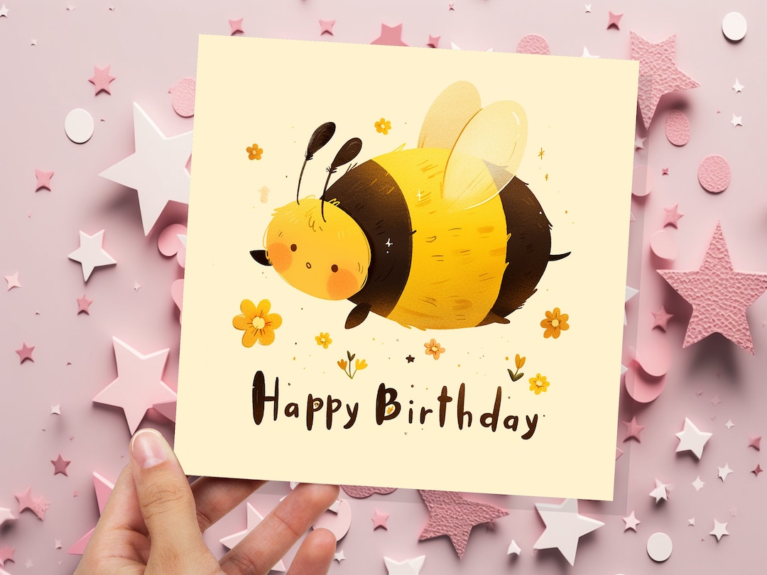 Cute Bee Happy Birthday Card Cartoon Bumblebee Flowers Cute Honey Tones ...