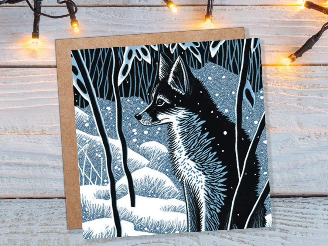 Winter Fox Greeting Card Linocut Forest Illustration Blue White Black ...