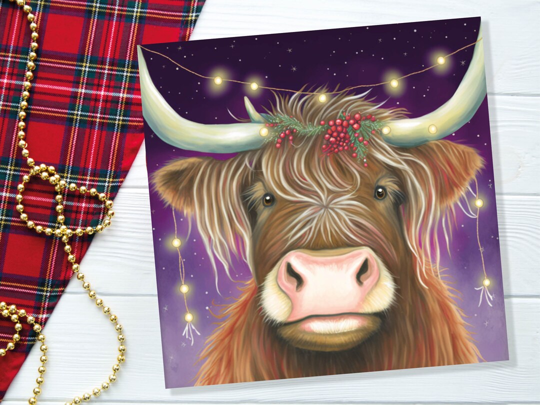 Highland Cow Card Heilan Muckle Coo With Fairy Lights Magical Night ...
