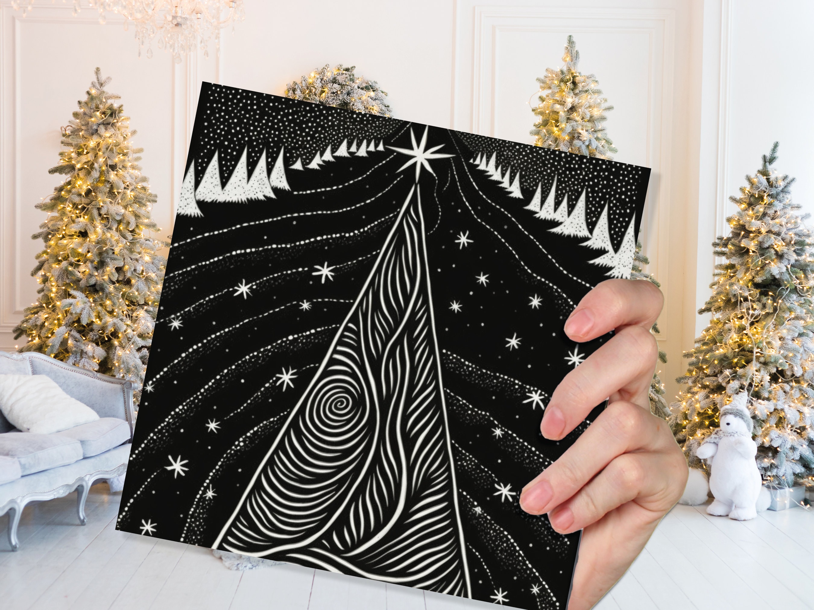 Black Christmas Tree Card Linocut Monochrome Magical Stars Starry ...