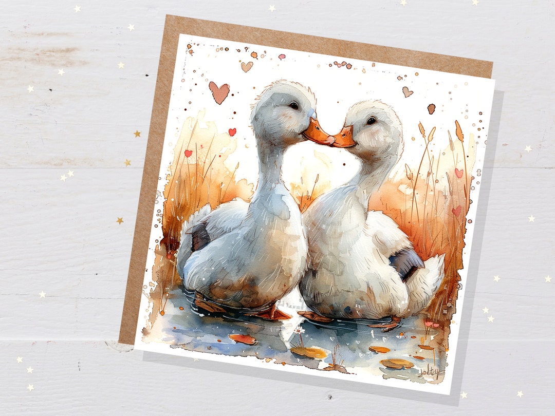 Duck Greeting Card Cute Romantic Ducks in Love Kiss Watercolour Autumn ...