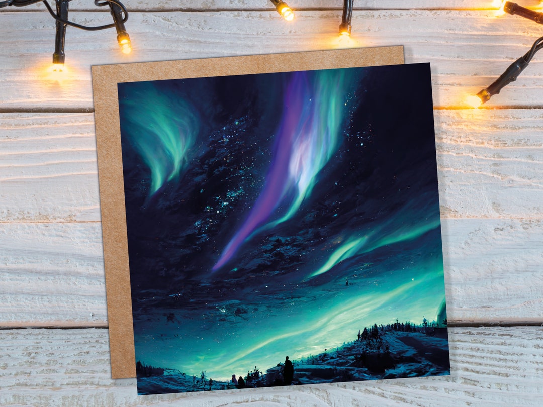 Northern Lights Christmas Card Snow Scene Green Purple Teal Aurora ...