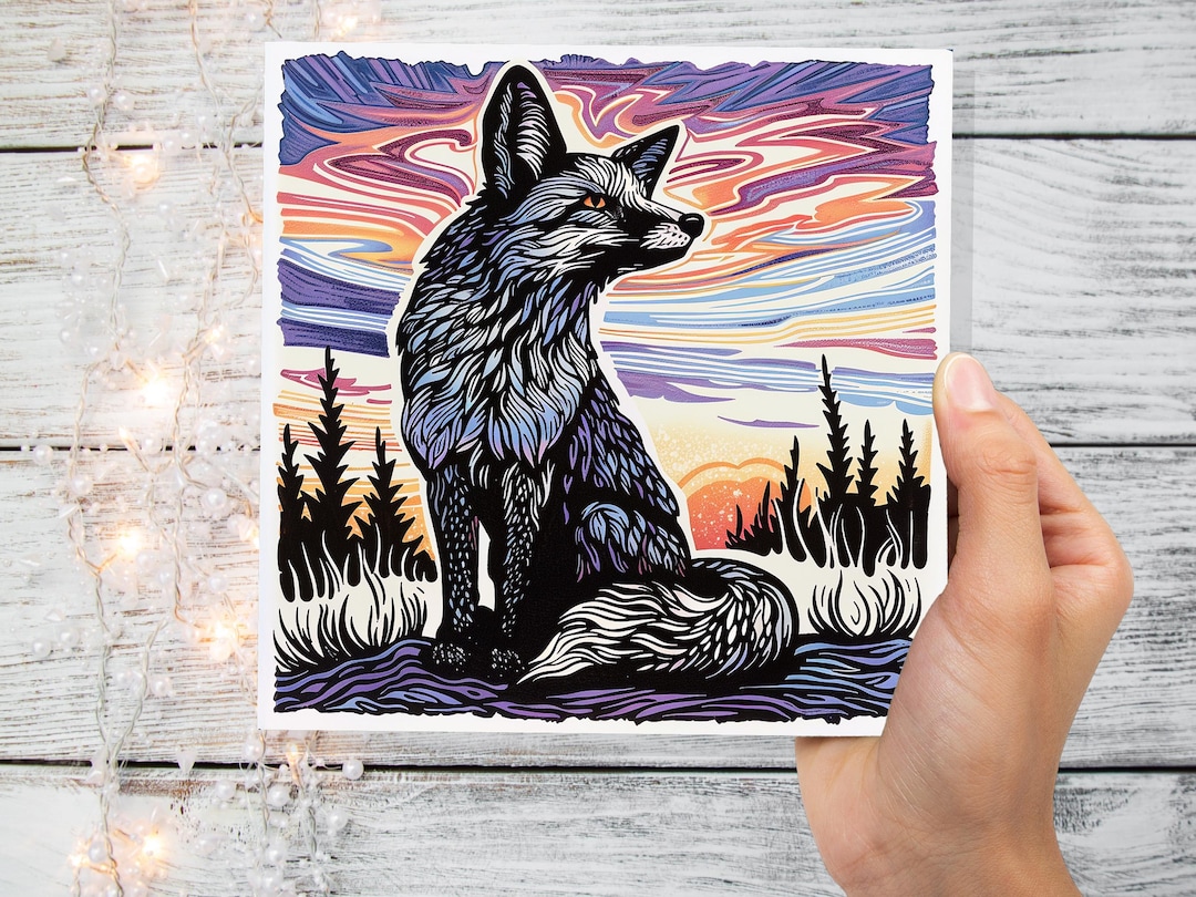 Linocut Fox Card Unique Sunset Sunrise Scene Wildlife Art Magical ...