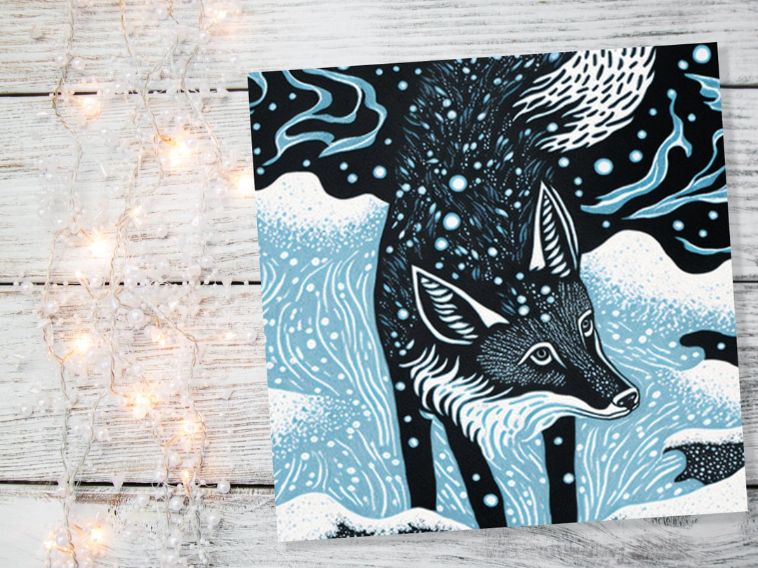 Linocut Fox Card Winter Snowy Woodland Illustration Blue White Black ...