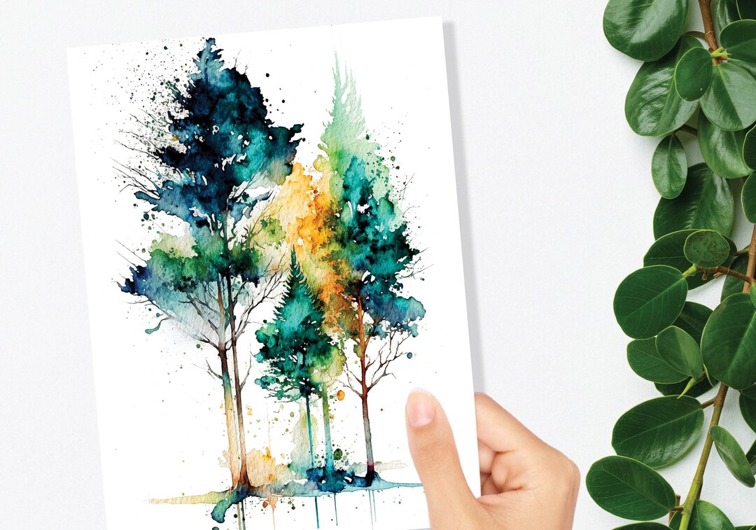 Minimal Watercolor Forest Card Nature Lover Abstract Trees Woodland ...