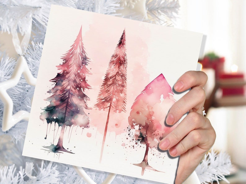 Watercolour Christmas Trees Card Beautiful Pink Messy Painting Splashes ...