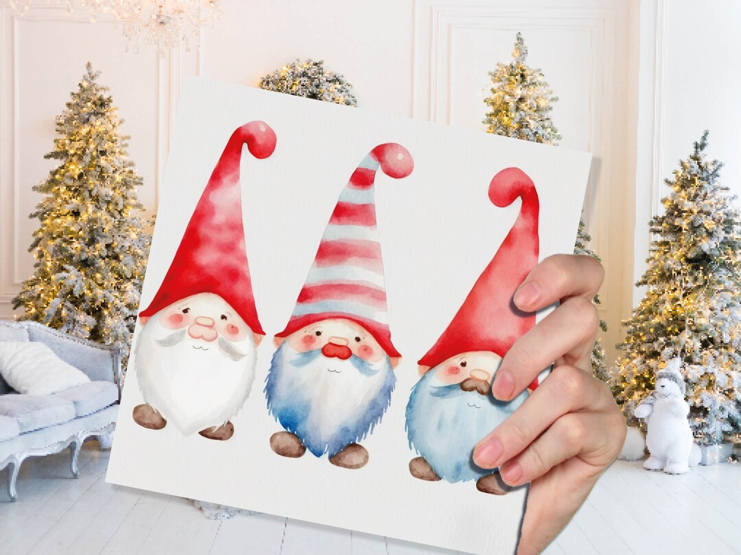 Christmas Gnomes Card Cute Gonk Myth Red White Watercolour Painting ...