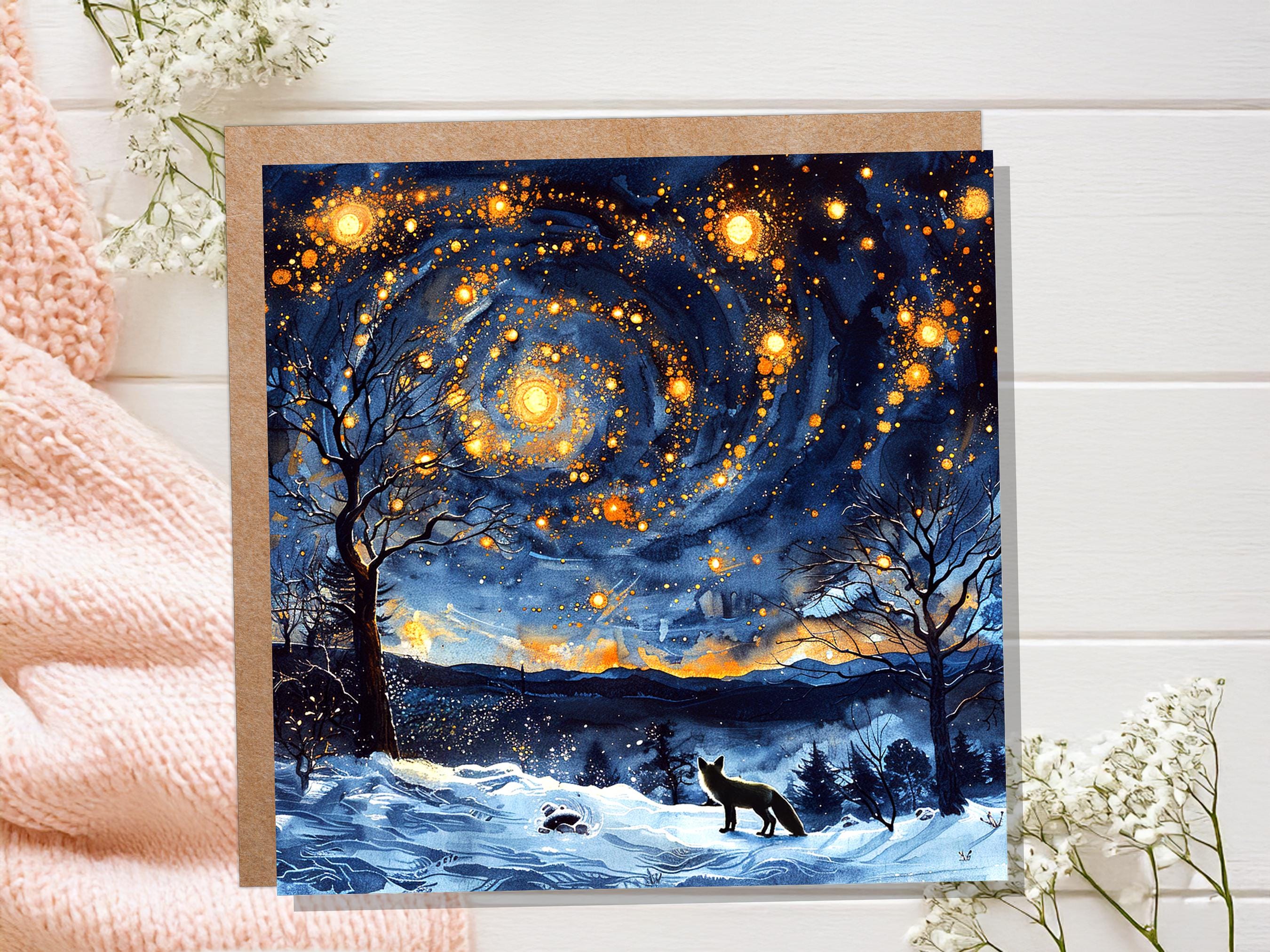 Winter Fox Starry Night Card Cosmic Woodland Scene Moody Snowy Forest ...