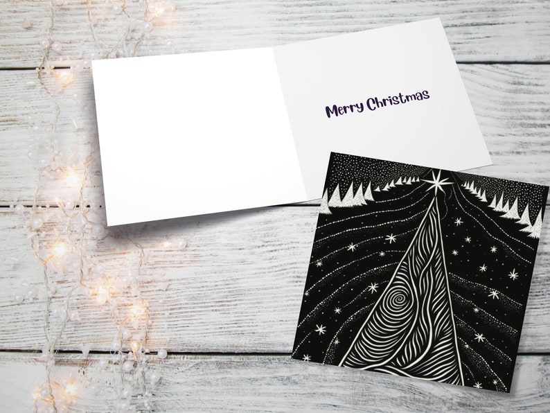 Black Christmas Tree Card Linocut Monochrome Magical Stars - Etsy