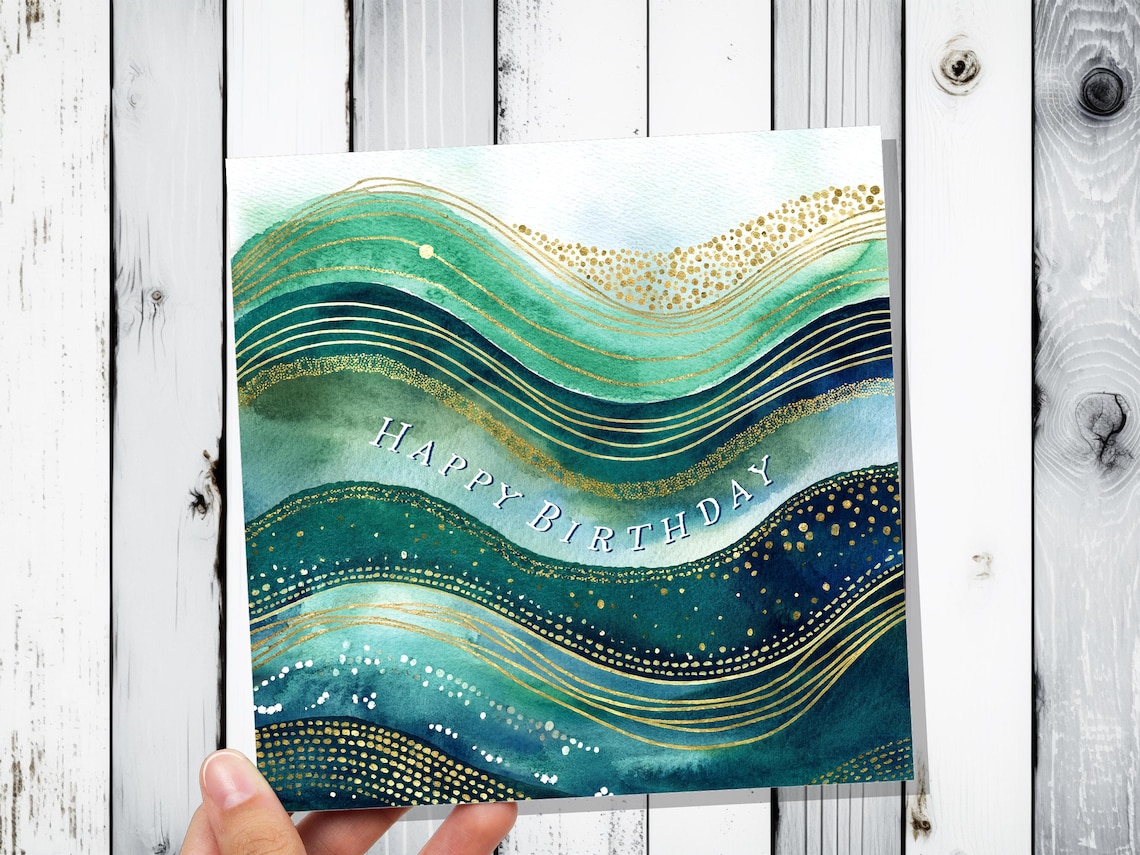 Ocean Birthday Card Luxury Watercolour Gold and Teal Waves Abstract ...
