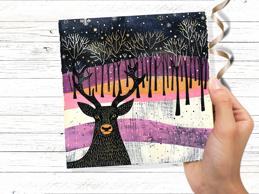 Scandinavian Linocut Deer Christmas Card Black Pink Orange Winter ...
