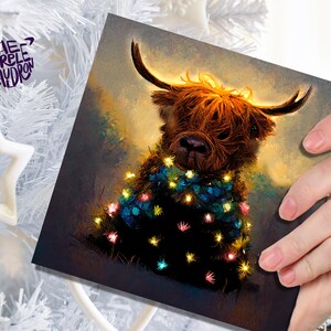 Highland Cow Christmas Card With Fairy Lights Funny Decorated Tree ...