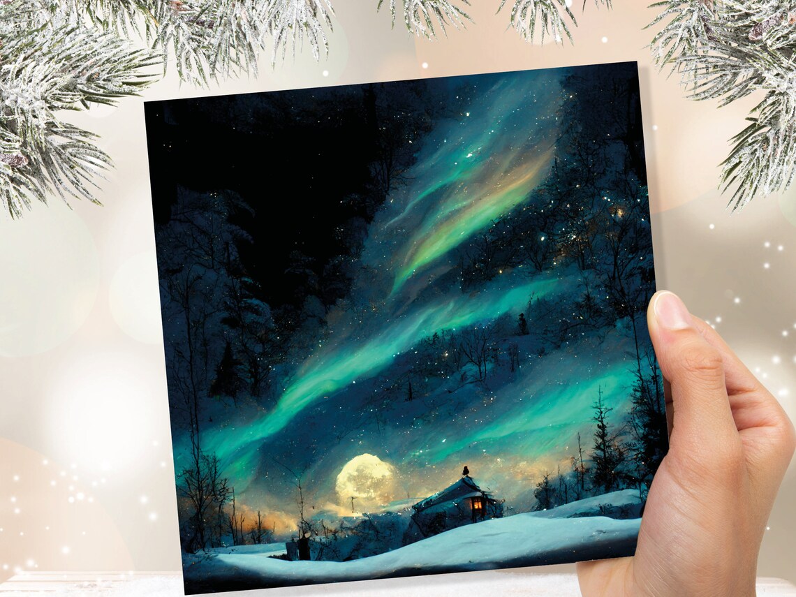 Aurora Borealis Card Northern Lights Moon Glowing Winter Sky ...